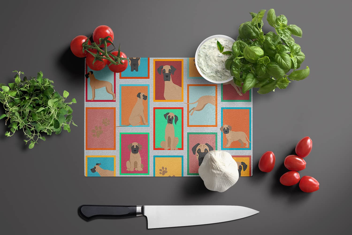 Caroline's Treasures MLM1157LCB Lots of Fawn Great Dane Glass Cutting Board Large Decorative Tempered Glass Kitchen Cutting and Serving Board Large Size Chopping Board