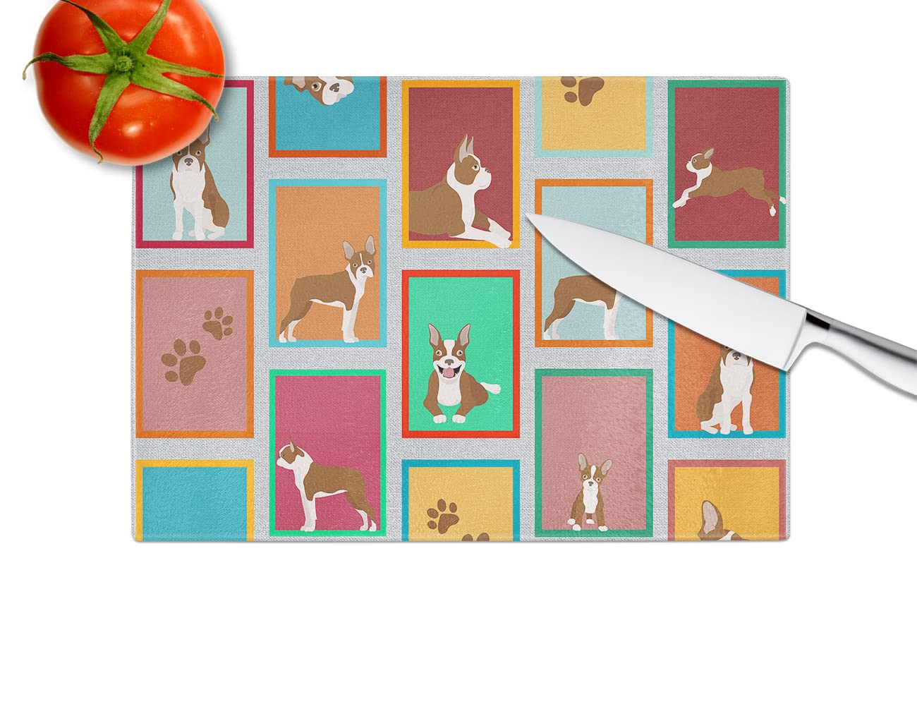 Caroline's Treasures MLM1131LCB Lots of Red Boston Terrier Glass Cutting Board Large Decorative Tempered Glass Kitchen Cutting and Serving Board Large Size Chopping Board