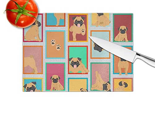 Caroline's Treasures MLM1143LCB Lots of Apricot Pug Glass Cutting Board Large Decorative Tempered Glass Kitchen Cutting and Serving Board Large Size Chopping Board