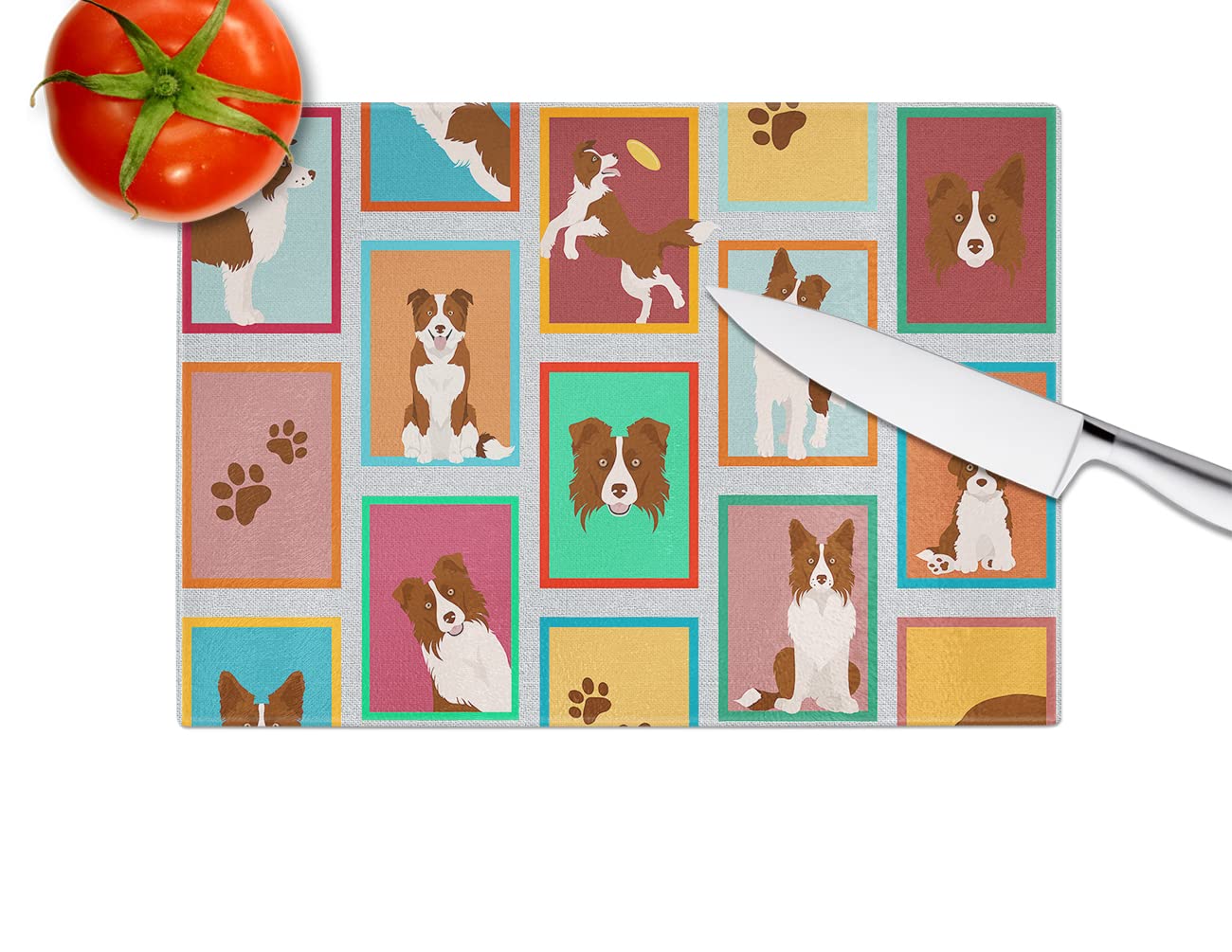 Caroline's Treasures MLM1149LCB Lots of Red Border Collie Glass Cutting Board Large Decorative Tempered Glass Kitchen Cutting and Serving Board Large Size Chopping Board