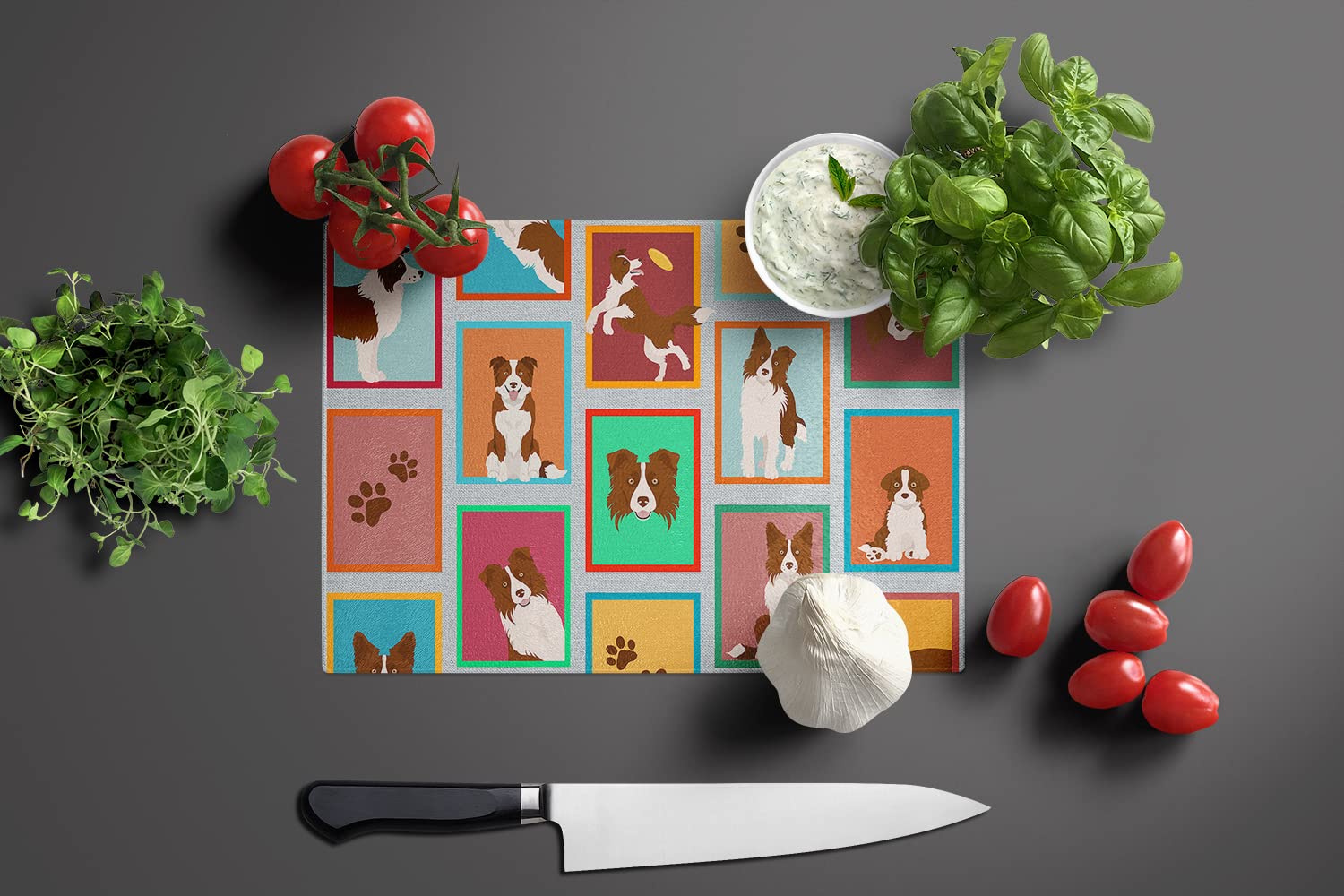 Caroline's Treasures MLM1149LCB Lots of Red Border Collie Glass Cutting Board Large Decorative Tempered Glass Kitchen Cutting and Serving Board Large Size Chopping Board