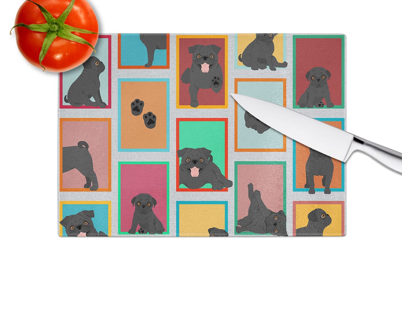 Caroline's Treasures MLM1091LCB Lots of Black Pug Glass Cutting Board Large Decorative Tempered Glass Kitchen Cutting and Serving Board Large Size Chopping Board