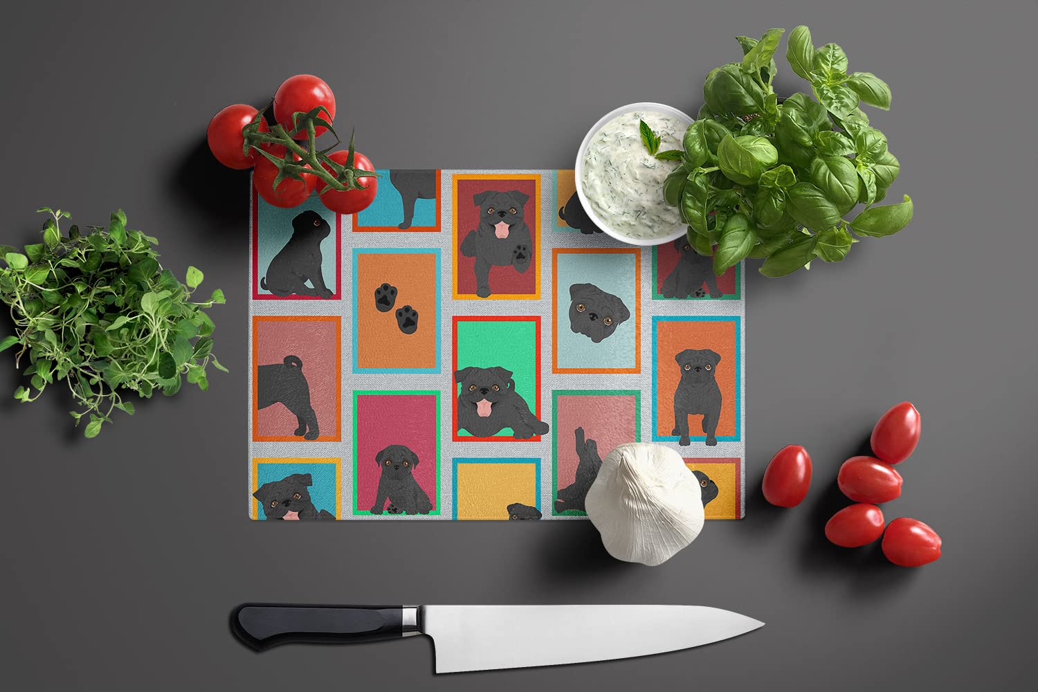 Caroline's Treasures MLM1091LCB Lots of Black Pug Glass Cutting Board Large Decorative Tempered Glass Kitchen Cutting and Serving Board Large Size Chopping Board