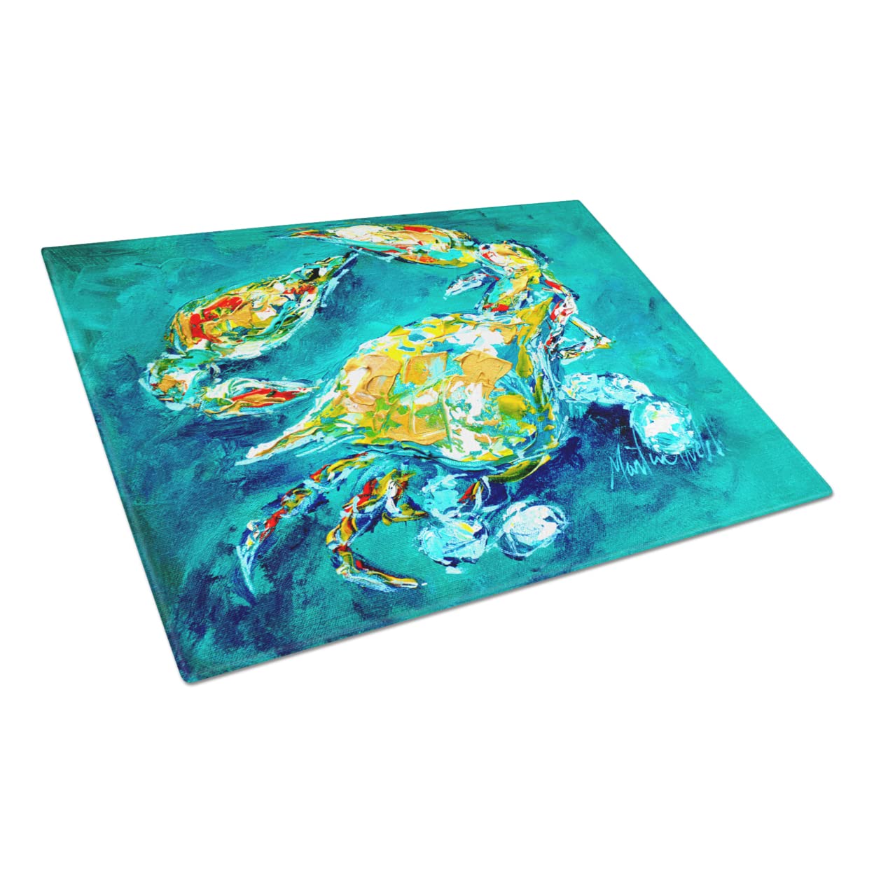 Caroline's Treasures MW1162LCB By Chance Crab in Aqua blue Glass Cutting Board Large Decorative Tempered Glass Kitchen Cutting and Serving Board Large Size Chopping Board