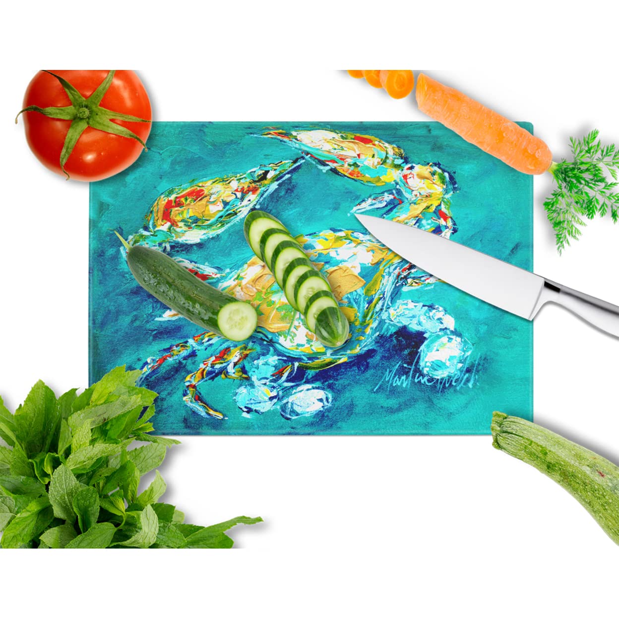 Caroline's Treasures MW1162LCB By Chance Crab in Aqua blue Glass Cutting Board Large Decorative Tempered Glass Kitchen Cutting and Serving Board Large Size Chopping Board