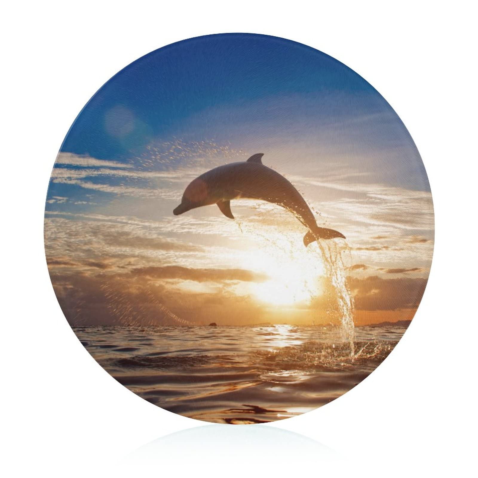 Ocean Sea Dolphin Jumping Glass Cutting Board Round Kitchen Decorative Chopping Blocks Mats Food Tray for Men Women