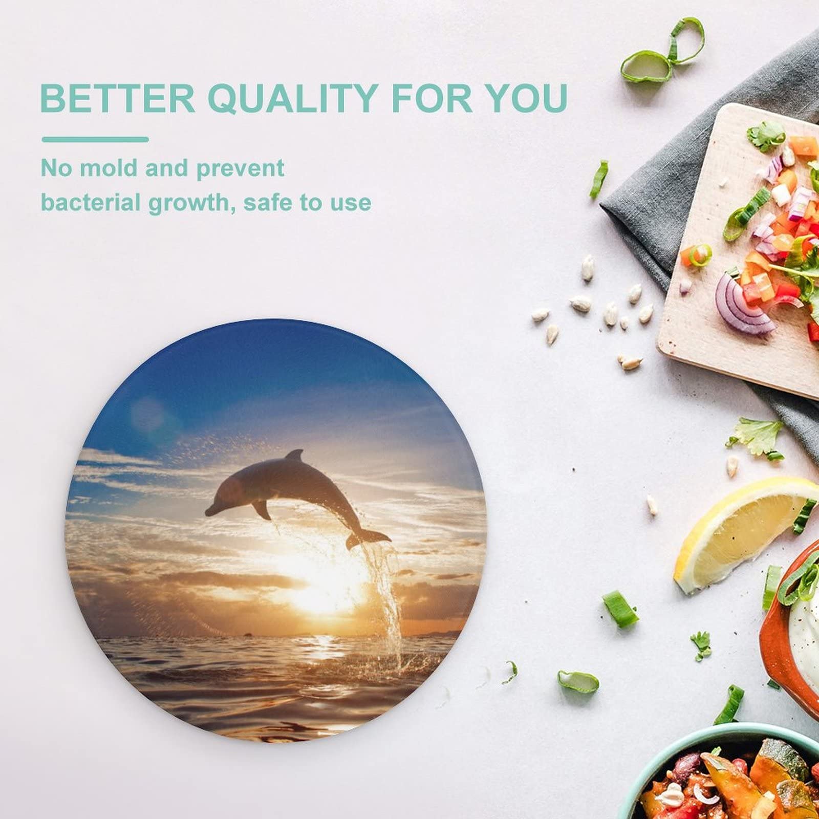 Ocean Sea Dolphin Jumping Glass Cutting Board Round Kitchen Decorative Chopping Blocks Mats Food Tray for Men Women