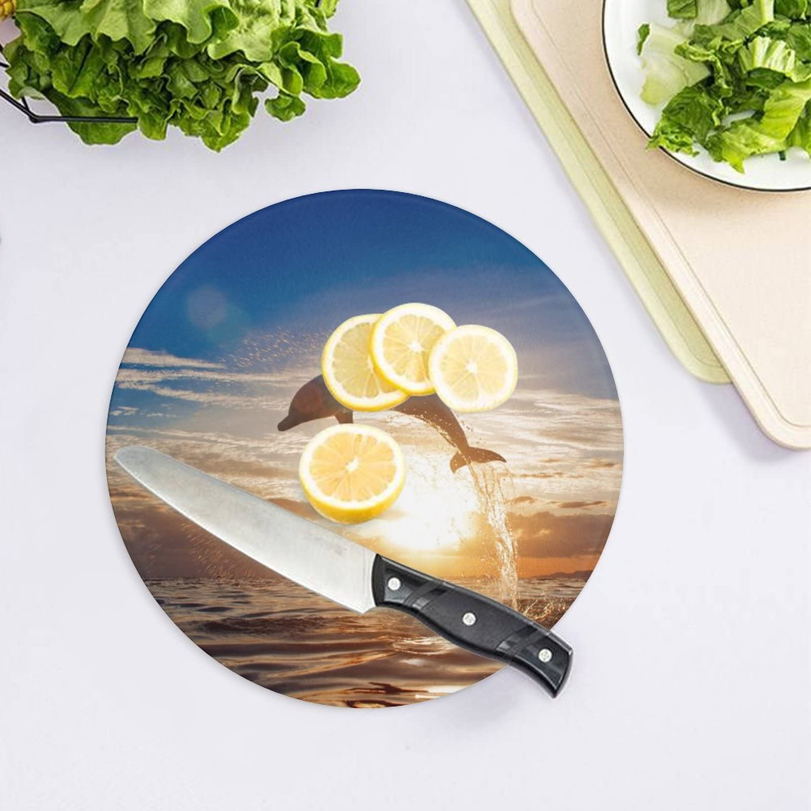 Ocean Sea Dolphin Jumping Glass Cutting Board Round Kitchen Decorative Chopping Blocks Mats Food Tray for Men Women