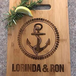 ANCHOR Nautical Bamboo Cutting Board CUSTOM Personalized Engraved Wood Boat Sailboat Beach House Gift Charcuterie Tray