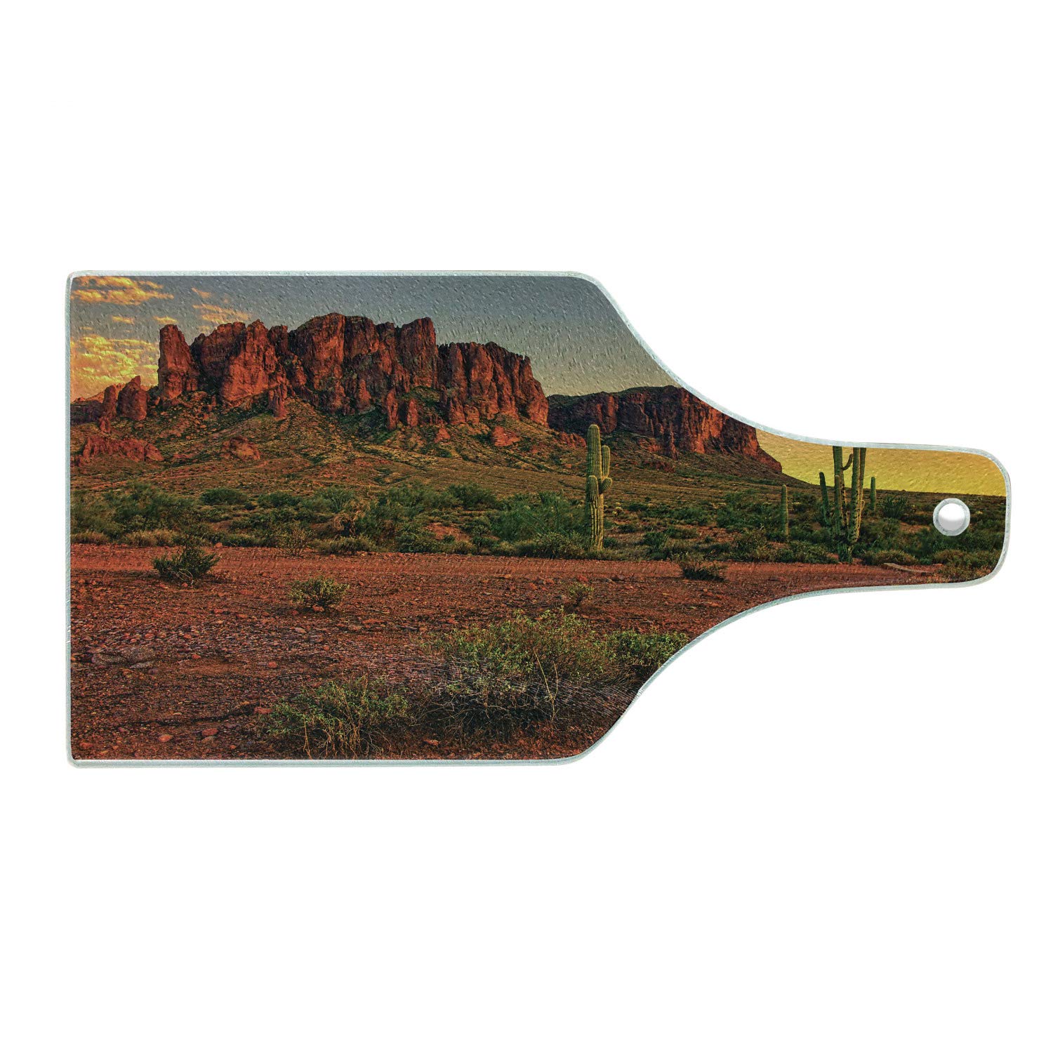 Lunarable Saguaro Cutting Board, Colorful Sunset View of the Desert and Mountains near Phoenix Arizona USA, Decorative Tempered Glass Cutting and Serving Board, Wine Bottle Shape, Red Green Yellow