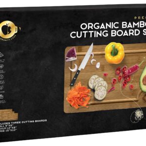 Organic Bamboo Cutting Board Set of 3 | Wooden Cutting Boards Set | Multipurpose for Meat, Veg, Cheese | Wooden Charcuterie Board with Juice Groove and Hidden Handles [3 Sizes] | by Gourmanity Cook