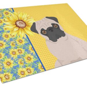 Caroline's Treasures WDK5472LCB Summer Sunflowers Fawn Pug Glass Cutting Board Large Decorative Tempered Glass Kitchen Cutting and Serving Board Large Size Chopping Board