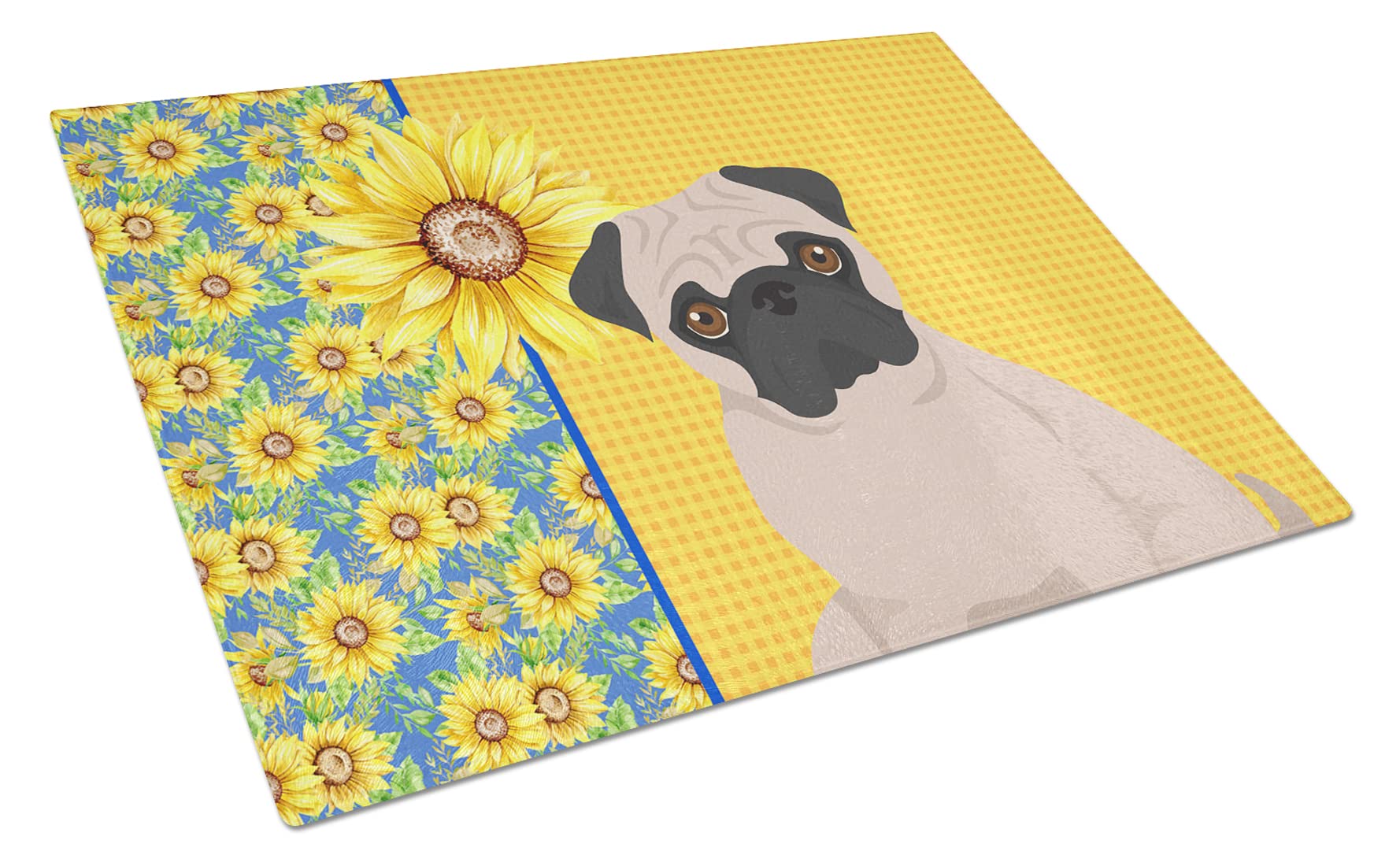 Caroline's Treasures WDK5472LCB Summer Sunflowers Fawn Pug Glass Cutting Board Large Decorative Tempered Glass Kitchen Cutting and Serving Board Large Size Chopping Board