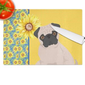 Caroline's Treasures WDK5472LCB Summer Sunflowers Fawn Pug Glass Cutting Board Large Decorative Tempered Glass Kitchen Cutting and Serving Board Large Size Chopping Board