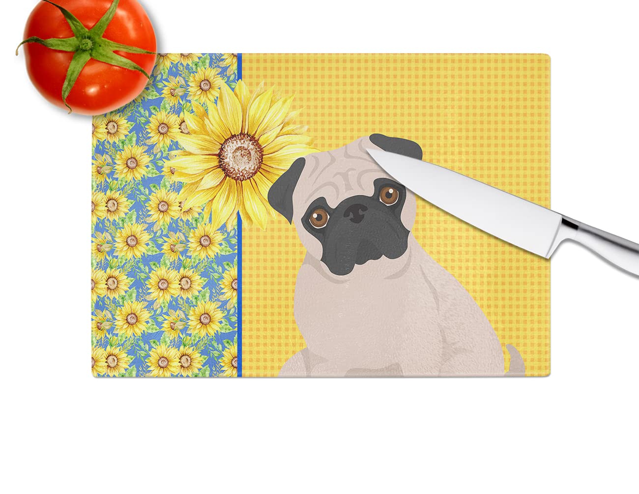 Caroline's Treasures WDK5472LCB Summer Sunflowers Fawn Pug Glass Cutting Board Large Decorative Tempered Glass Kitchen Cutting and Serving Board Large Size Chopping Board