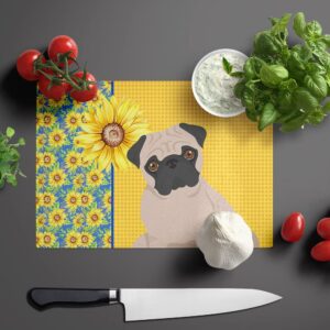 Caroline's Treasures WDK5472LCB Summer Sunflowers Fawn Pug Glass Cutting Board Large Decorative Tempered Glass Kitchen Cutting and Serving Board Large Size Chopping Board