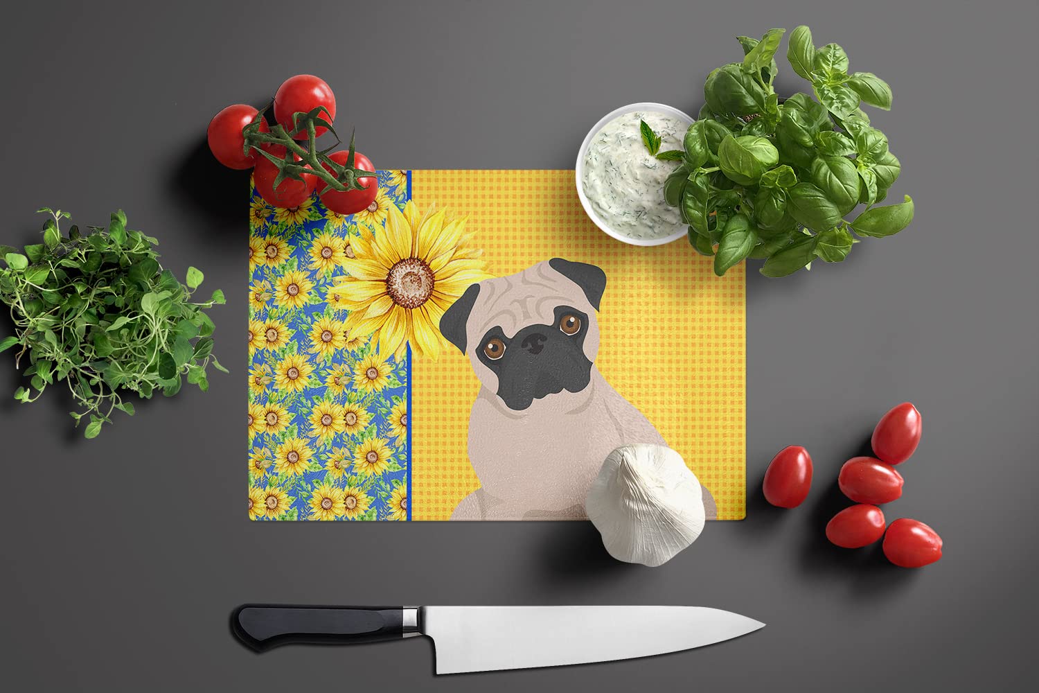 Caroline's Treasures WDK5472LCB Summer Sunflowers Fawn Pug Glass Cutting Board Large Decorative Tempered Glass Kitchen Cutting and Serving Board Large Size Chopping Board