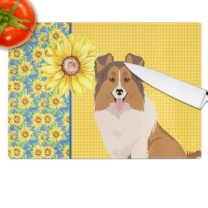 Caroline's Treasures WDK5482LCB Summer Sunflowers Sable Sheltie Glass Cutting Board Large Decorative Tempered Glass Kitchen Cutting and Serving Board Large Size Chopping Board