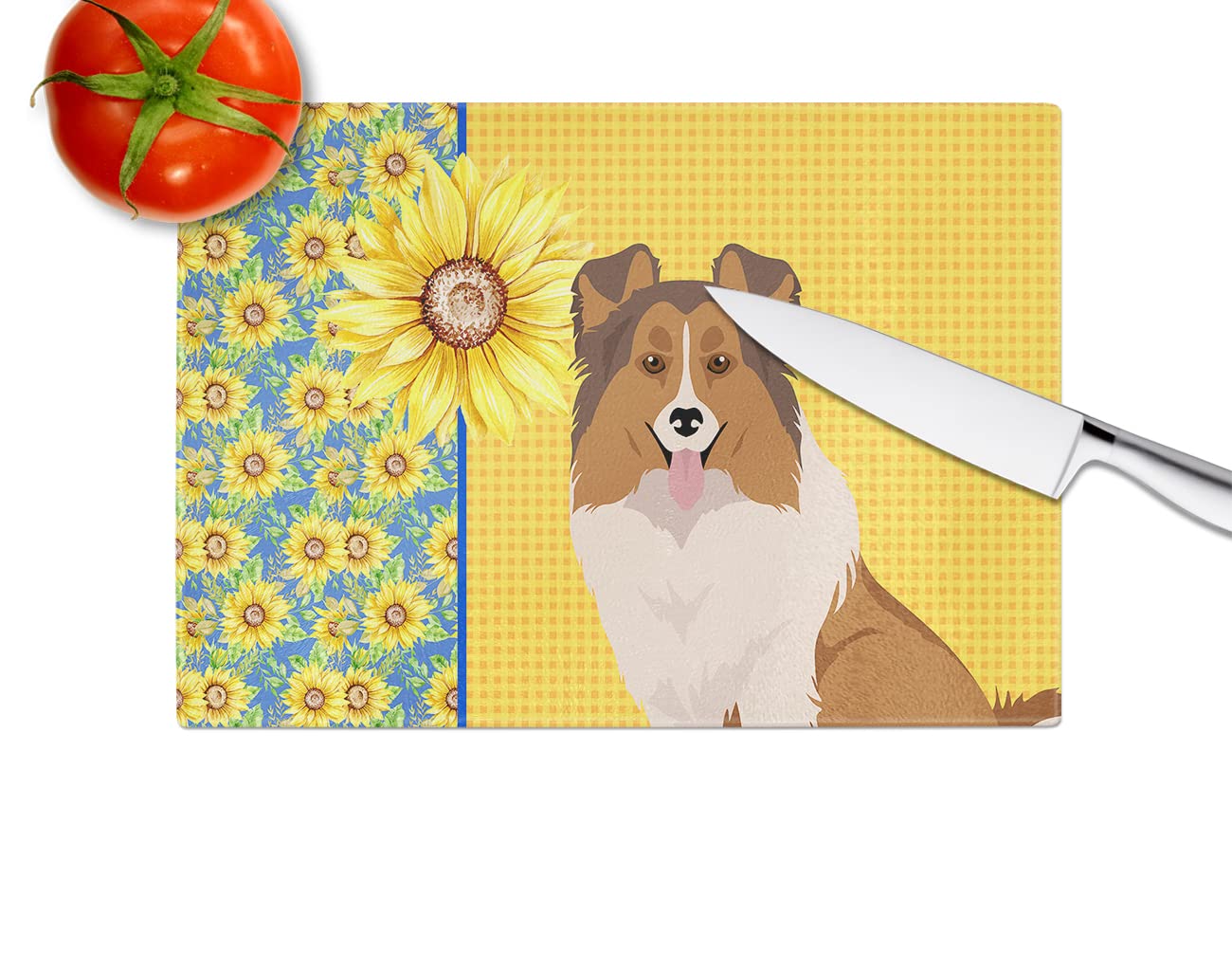 Caroline's Treasures WDK5482LCB Summer Sunflowers Sable Sheltie Glass Cutting Board Large Decorative Tempered Glass Kitchen Cutting and Serving Board Large Size Chopping Board