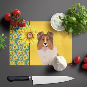 Caroline's Treasures WDK5482LCB Summer Sunflowers Sable Sheltie Glass Cutting Board Large Decorative Tempered Glass Kitchen Cutting and Serving Board Large Size Chopping Board