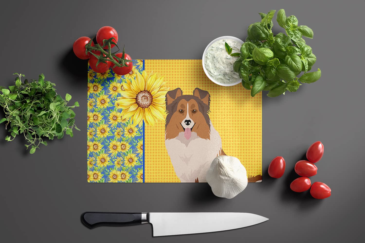 Caroline's Treasures WDK5482LCB Summer Sunflowers Sable Sheltie Glass Cutting Board Large Decorative Tempered Glass Kitchen Cutting and Serving Board Large Size Chopping Board