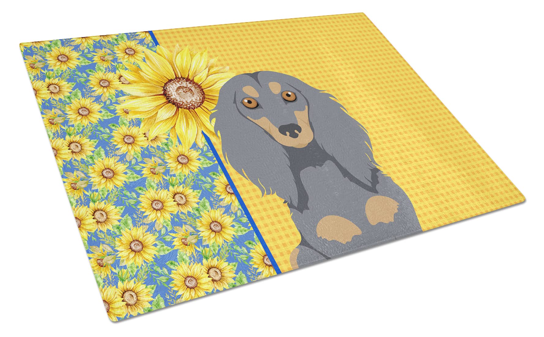 Caroline's Treasures WDK5391LCB Summer Sunflowers Longhair Blue and Tan Dachshund Glass Cutting Board Large Decorative Tempered Glass Kitchen Cutting and Serving Board Large Size Chopping Board