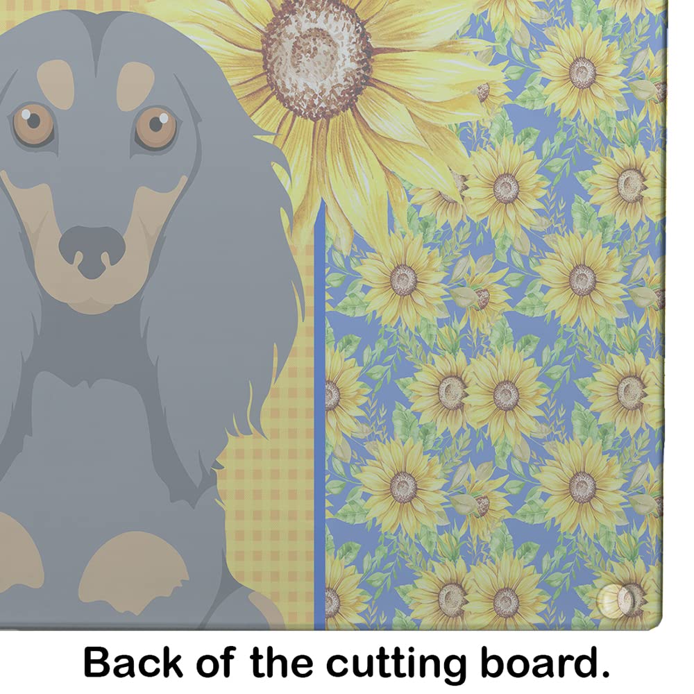 Caroline's Treasures WDK5391LCB Summer Sunflowers Longhair Blue and Tan Dachshund Glass Cutting Board Large Decorative Tempered Glass Kitchen Cutting and Serving Board Large Size Chopping Board