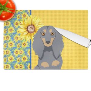 Caroline's Treasures WDK5391LCB Summer Sunflowers Longhair Blue and Tan Dachshund Glass Cutting Board Large Decorative Tempered Glass Kitchen Cutting and Serving Board Large Size Chopping Board