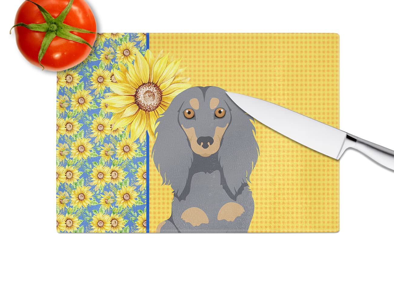 Caroline's Treasures WDK5391LCB Summer Sunflowers Longhair Blue and Tan Dachshund Glass Cutting Board Large Decorative Tempered Glass Kitchen Cutting and Serving Board Large Size Chopping Board