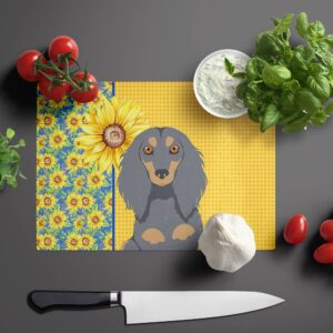 Caroline's Treasures WDK5391LCB Summer Sunflowers Longhair Blue and Tan Dachshund Glass Cutting Board Large Decorative Tempered Glass Kitchen Cutting and Serving Board Large Size Chopping Board