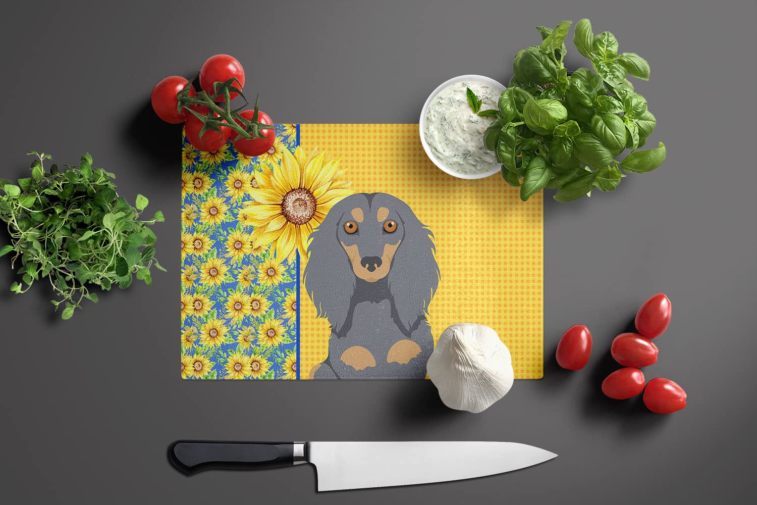 Caroline's Treasures WDK5391LCB Summer Sunflowers Longhair Blue and Tan Dachshund Glass Cutting Board Large Decorative Tempered Glass Kitchen Cutting and Serving Board Large Size Chopping Board