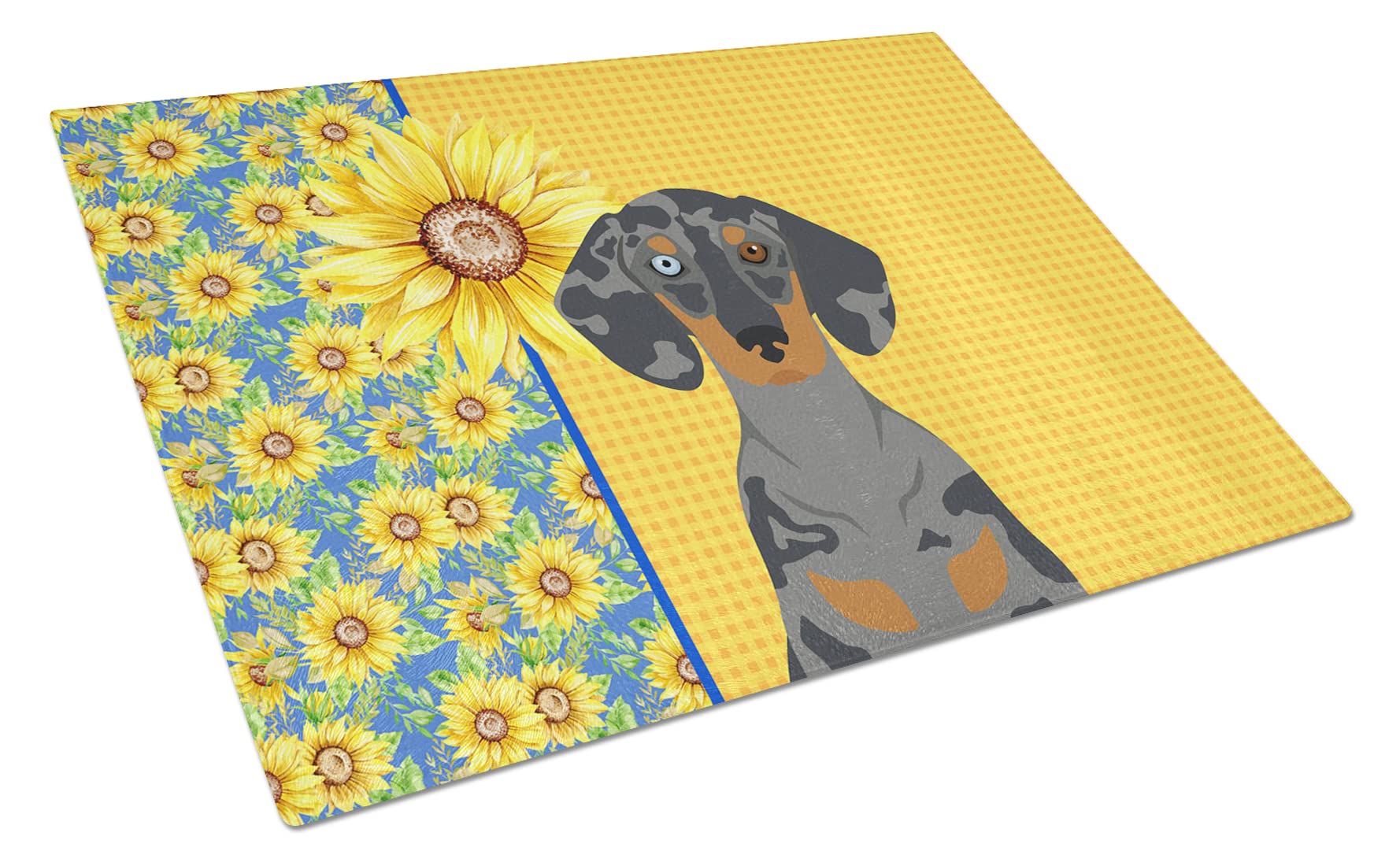 Caroline's Treasures WDK5394LCB Summer Sunflowers Black Dapple Dachshund Glass Cutting Board Large Decorative Tempered Glass Kitchen Cutting and Serving Board Large Size Chopping Board