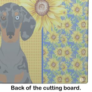 Caroline's Treasures WDK5394LCB Summer Sunflowers Black Dapple Dachshund Glass Cutting Board Large Decorative Tempered Glass Kitchen Cutting and Serving Board Large Size Chopping Board