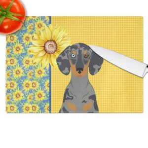 Caroline's Treasures WDK5394LCB Summer Sunflowers Black Dapple Dachshund Glass Cutting Board Large Decorative Tempered Glass Kitchen Cutting and Serving Board Large Size Chopping Board