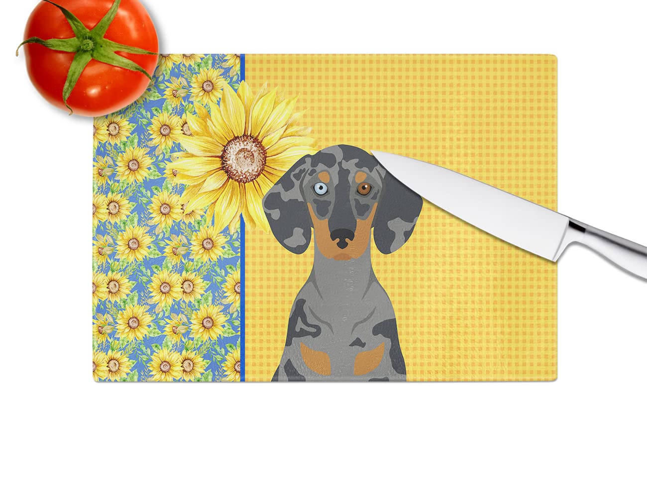 Caroline's Treasures WDK5394LCB Summer Sunflowers Black Dapple Dachshund Glass Cutting Board Large Decorative Tempered Glass Kitchen Cutting and Serving Board Large Size Chopping Board