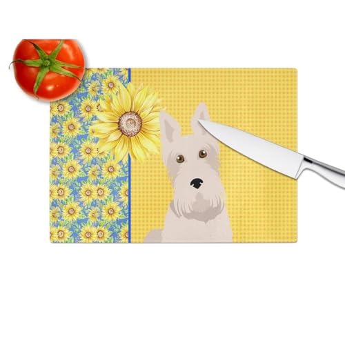 Caroline's Treasures WDK5480LCB Summer Sunflowers Wheaten Scottish Terrier Glass Cutting Board Large Decorative Tempered Glass Kitchen Cutting and Serving Board Large Size Chopping Board