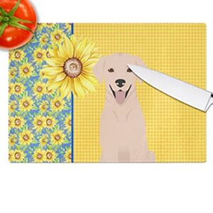 Caroline's Treasures WDK5442LCB Summer Sunflowers Yellow Labrador Retriever Glass Cutting Board Large Decorative Tempered Glass Kitchen Cutting and Serving Board Large Size Chopping Board