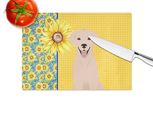 Caroline's Treasures WDK5442LCB Summer Sunflowers Yellow Labrador Retriever Glass Cutting Board Large Decorative Tempered Glass Kitchen Cutting and Serving Board Large Size Chopping Board