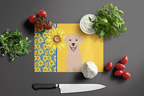 Caroline's Treasures WDK5442LCB Summer Sunflowers Yellow Labrador Retriever Glass Cutting Board Large Decorative Tempered Glass Kitchen Cutting and Serving Board Large Size Chopping Board