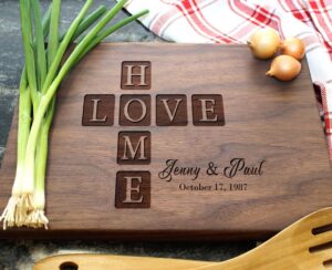 housewarming gifts, personalized cutting board for new home owner, couples, friends, parents, unique anniversary presents for mother's day, thanksgiving, christmas (3 woods, 3 sizes, 12 design)