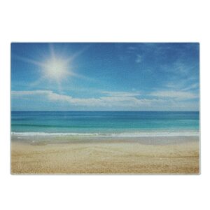 lunarable coastal cutting board, tropical seascape ocean summer beach sands in hawaiian seashore with clear sky, decorative tempered glass cutting and serving board, small size, aqua mustard