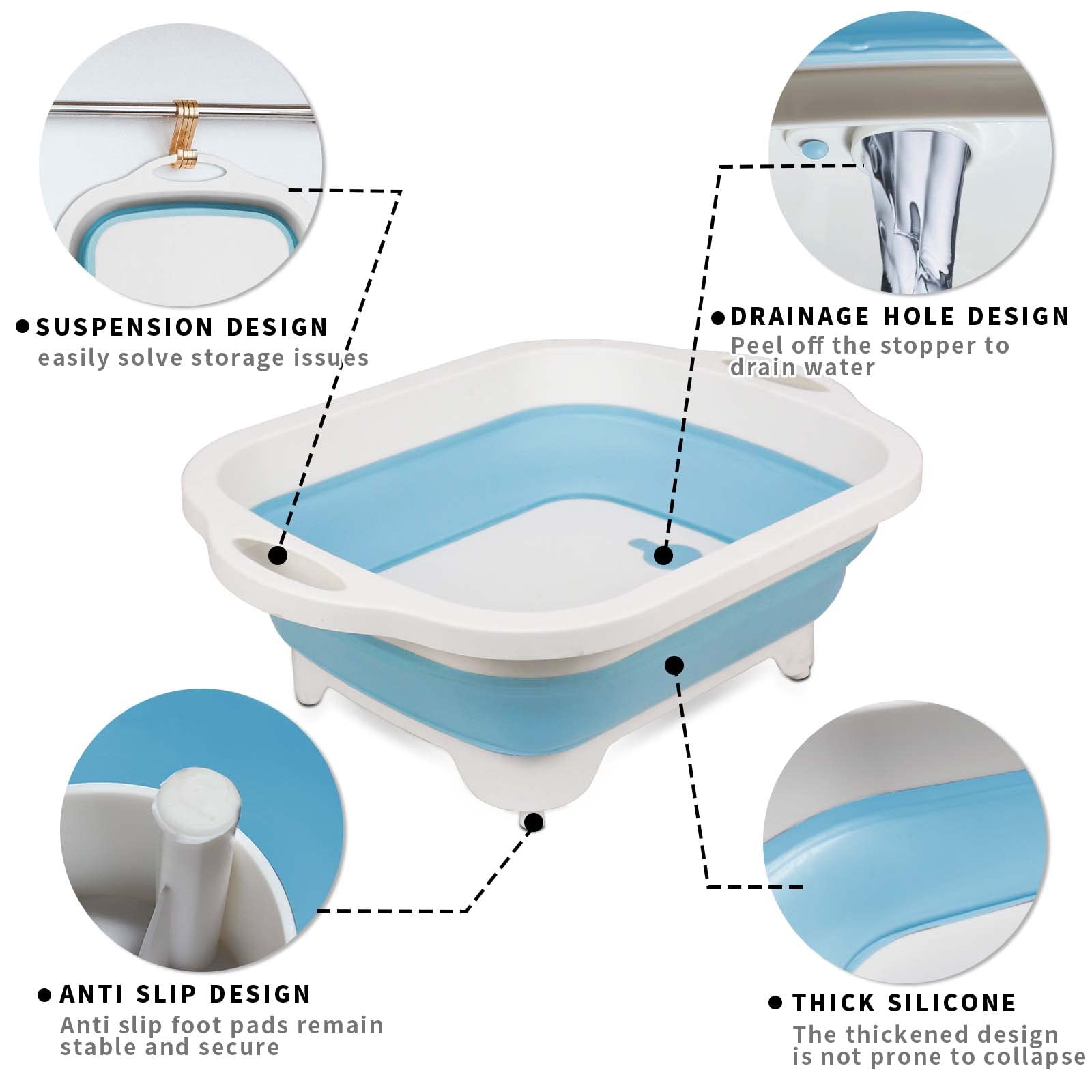 Ugusiu blue foldable washbasin with strainer, portable foldable chopping board, multipurpose kitchen basket silicone tray, suitable for travel camping and kitchen (one in blue)