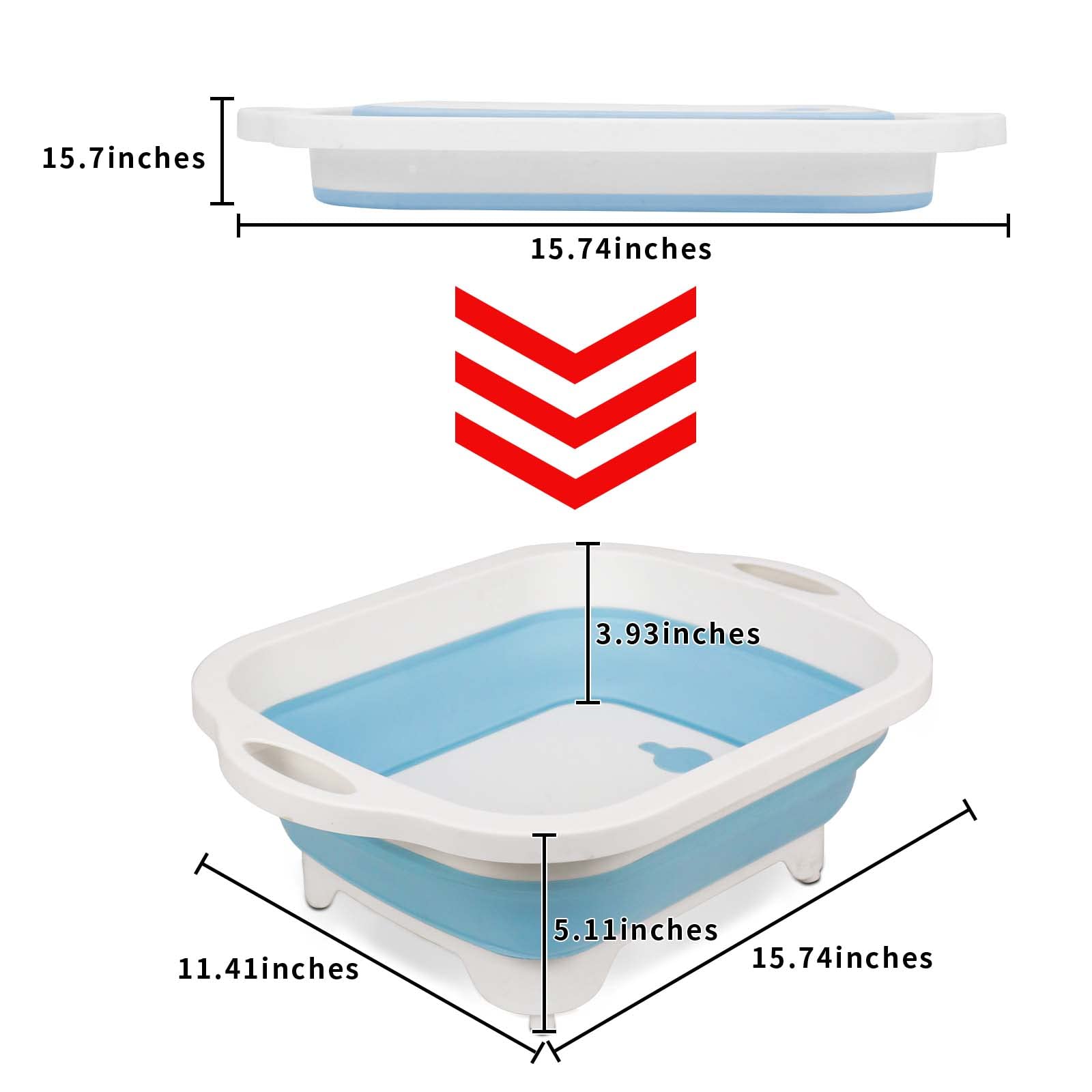 Ugusiu blue foldable washbasin with strainer, portable foldable chopping board, multipurpose kitchen basket silicone tray, suitable for travel camping and kitchen (one in blue)