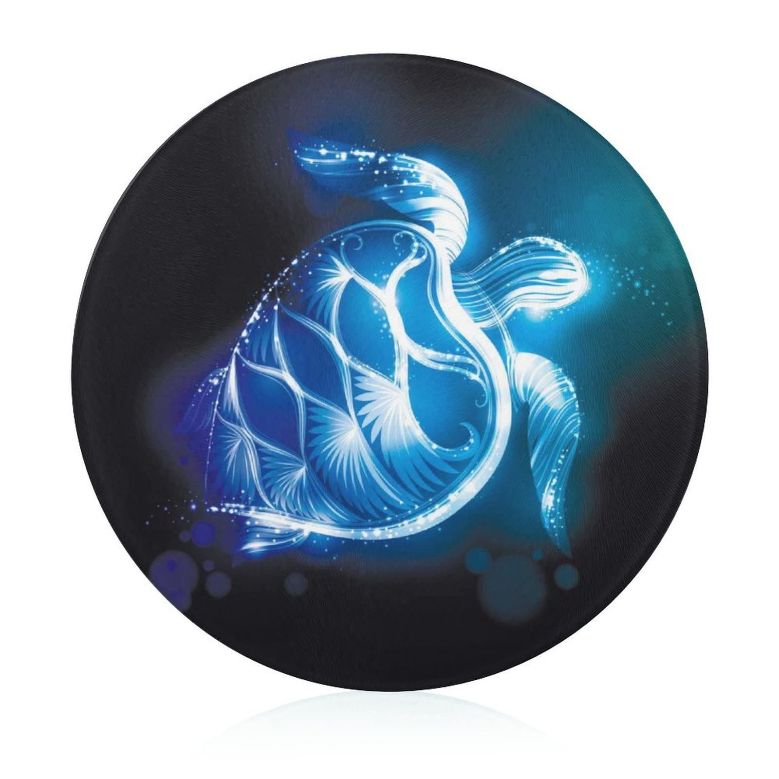 Bagea-Ka Watercolor Blue Sea Turtle Pattern Tempered Glass Cutting Board 8" Round Kitchen Decorative Chopping Board Small