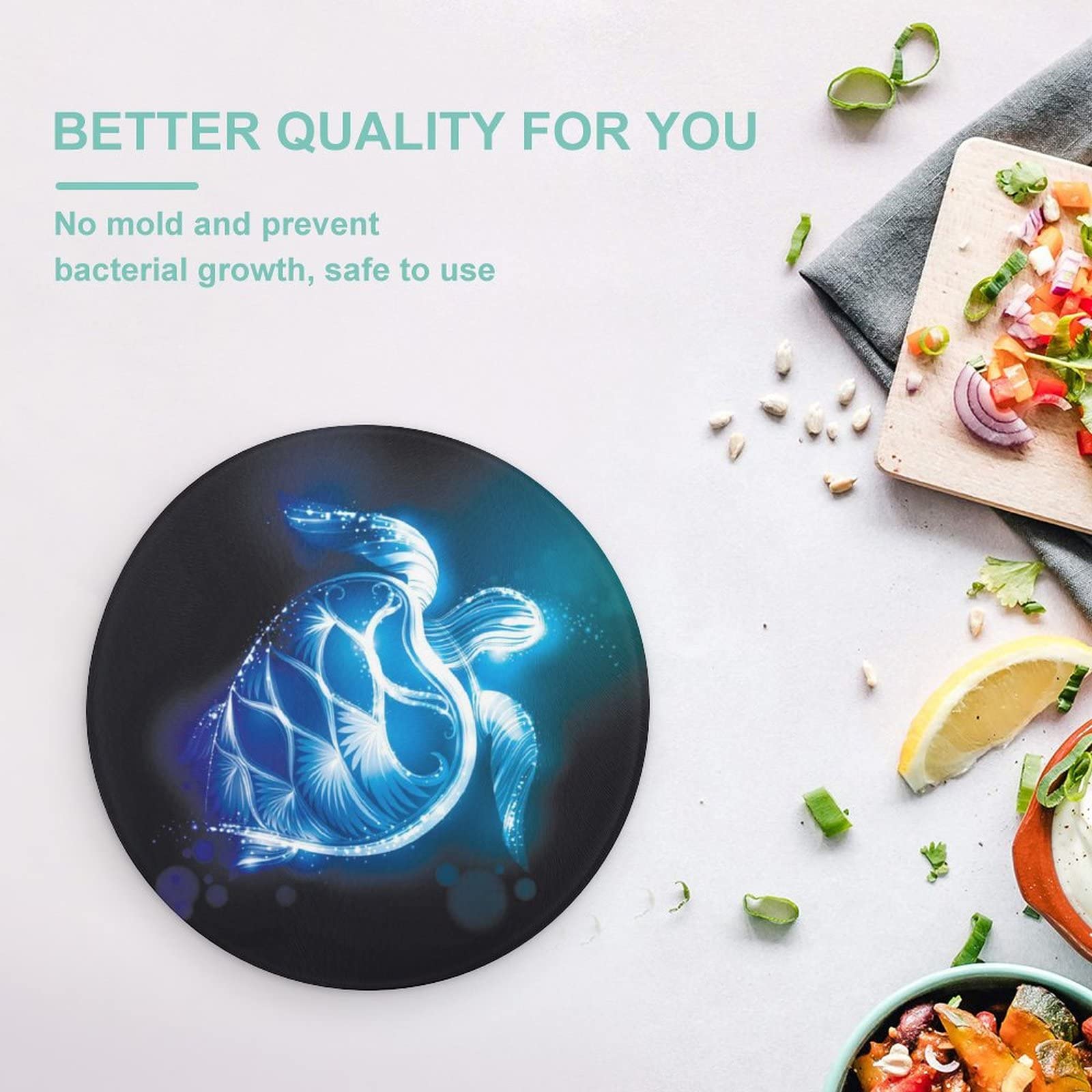 Bagea-Ka Watercolor Blue Sea Turtle Pattern Tempered Glass Cutting Board 8" Round Kitchen Decorative Chopping Board Small