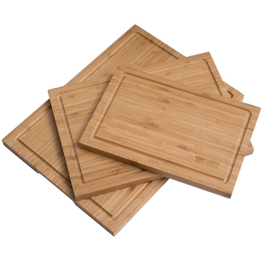 Slice Bright Bamboo Cutting Board 3-Piece Kitchen Set with Juice Groove - Wooden Chopping Boards - Serving Tray with Handles - Extra Large, Large and Medium Gift Set