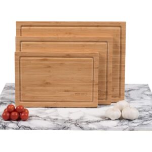 Slice Bright Bamboo Cutting Board 3-Piece Kitchen Set with Juice Groove - Wooden Chopping Boards - Serving Tray with Handles - Extra Large, Large and Medium Gift Set