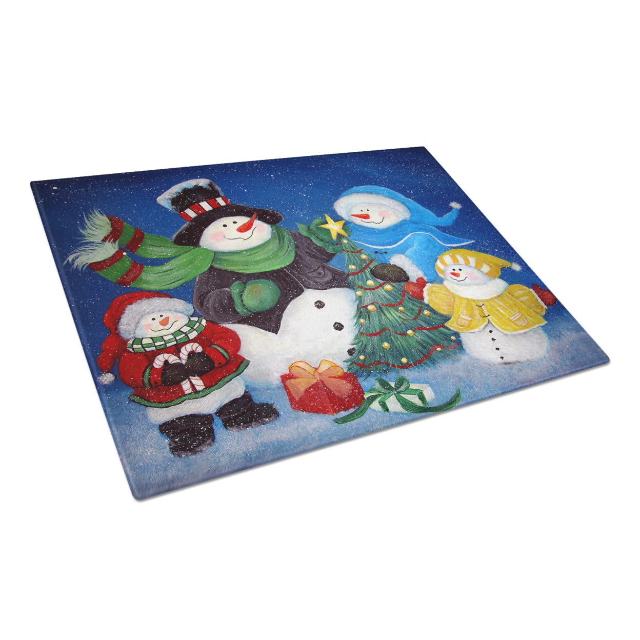 Caroline's Treasures PJC1086LCB The Family Gathering Snowman Glass Cutting Board Large Decorative Tempered Glass Kitchen Cutting and Serving Board Large Size Chopping Board