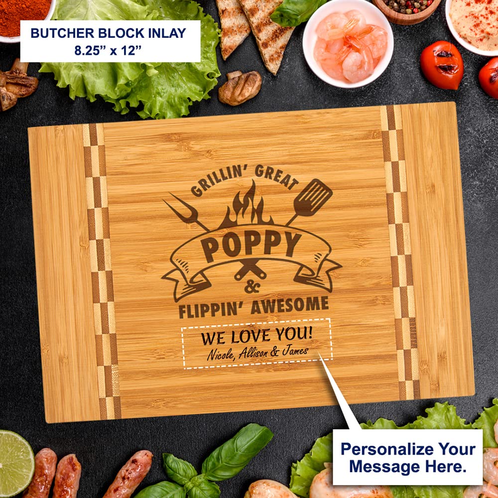 Poppy Gift – PERSONALIZED Bamboo Cutting Board Custom Engraved Grillin Great Flippin Awesome Fathers Day Birthday Christmas Gift Best Poppy Ever Papa Poppop Gifts from Grandkids Grandchildren(8.25x12)