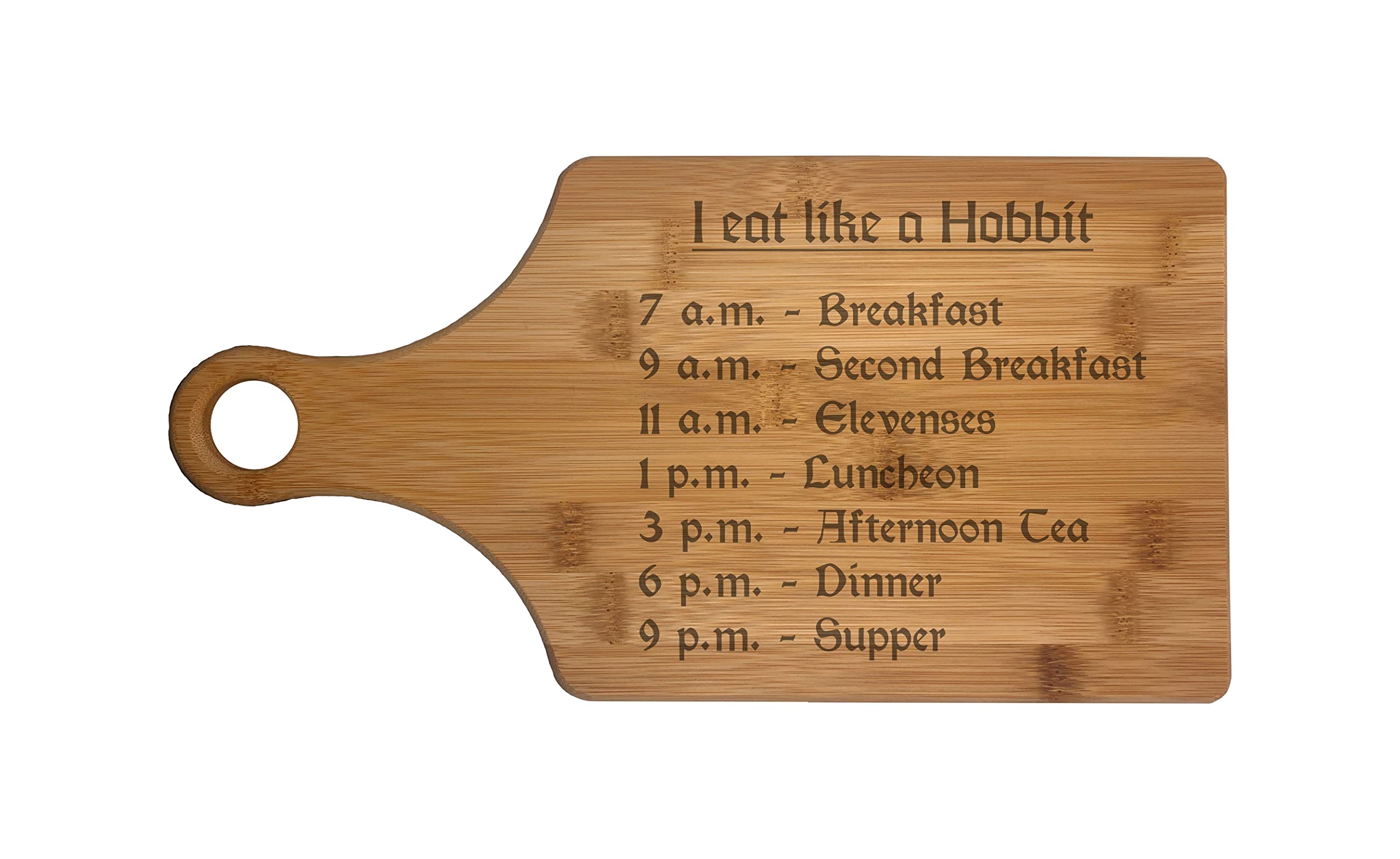 Nerdy Gifts Eat Like a Hobbit Meal Times Engraved Natural Wood Cutting Board Paddle Shaped Cooking (Bamboo)